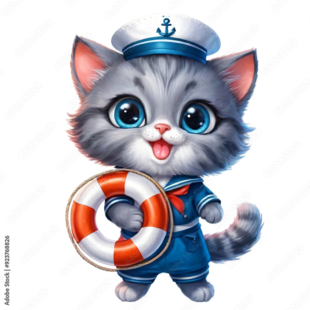 Cartoon sailor cat, a cat in a sailor costume, a cat with a lifebuoy ...