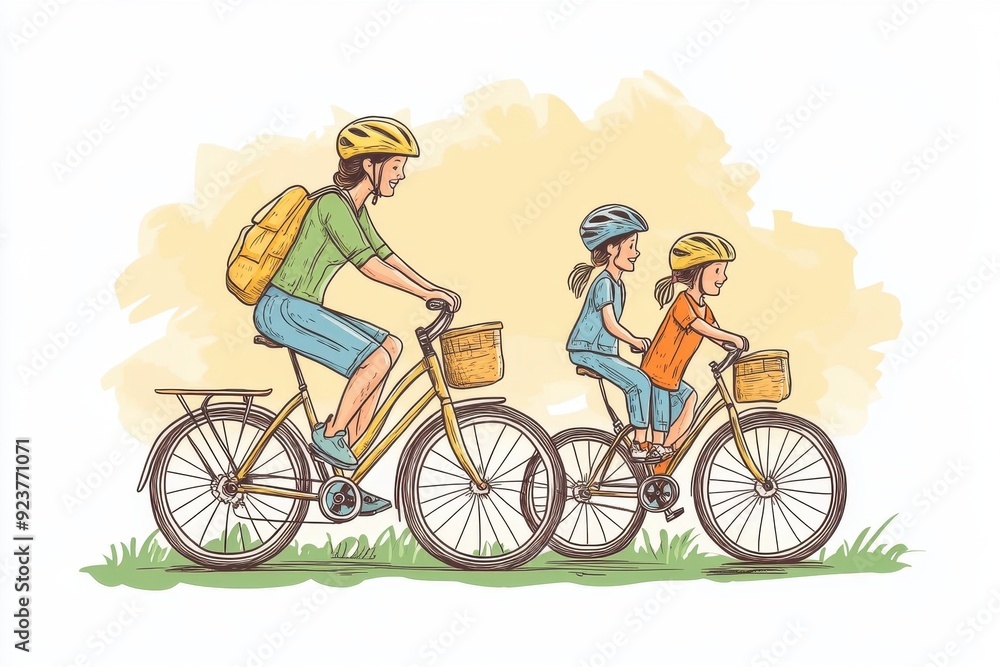 Hand-drawn Vector Illustration of Family Enjoying Biking Together for ...