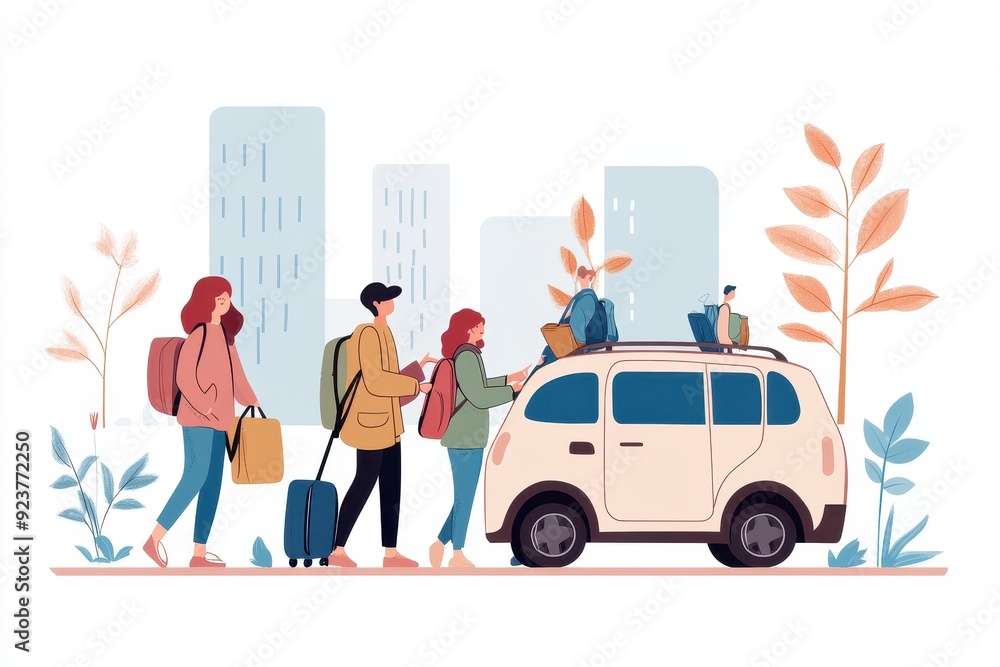 Community Carpooling for Eco-Friendly Transport - Vector Hand-drawn ...