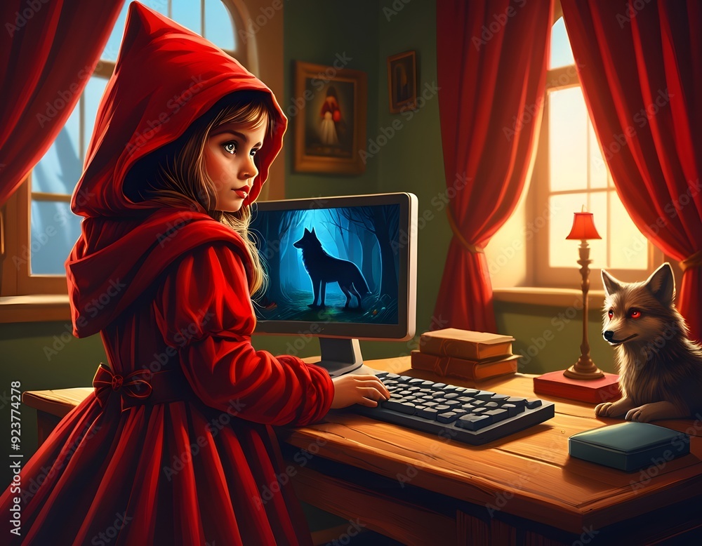 Little Red Riding Hood in front of her computer with the wolf's ...