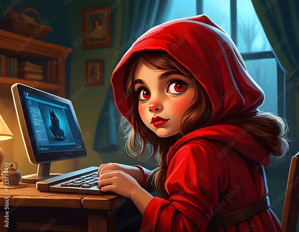 Little Red Riding Hood in front of her computer with the wolf's ...