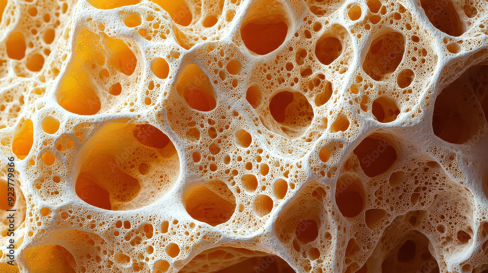 A close-up photograph showcasing the intricate, porous texture of bread ...