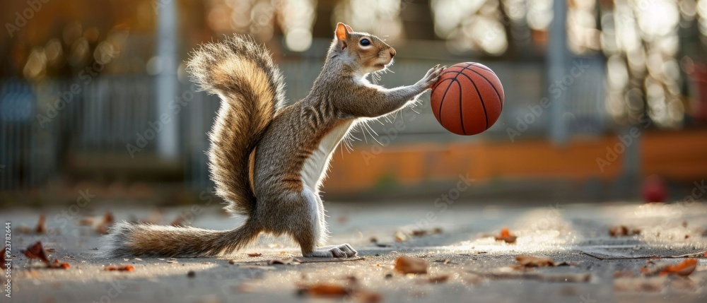 A squirrel on a basketball court holds a red ball, ready to play. With ...