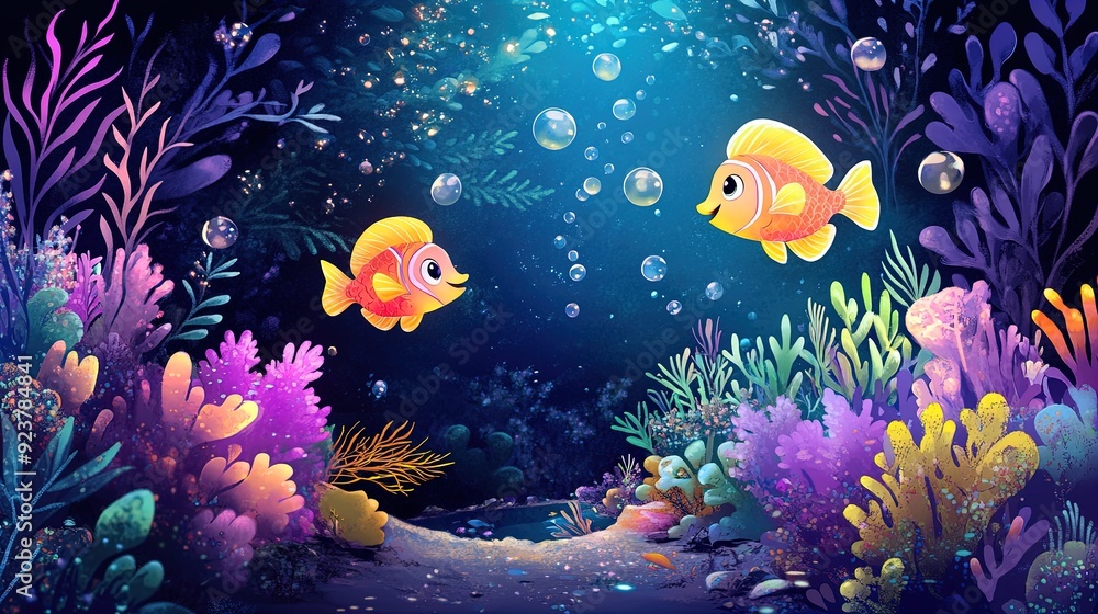 Playful Cartoon Fish in a Vibrant Underwater Garden: Perfect Poster for ...