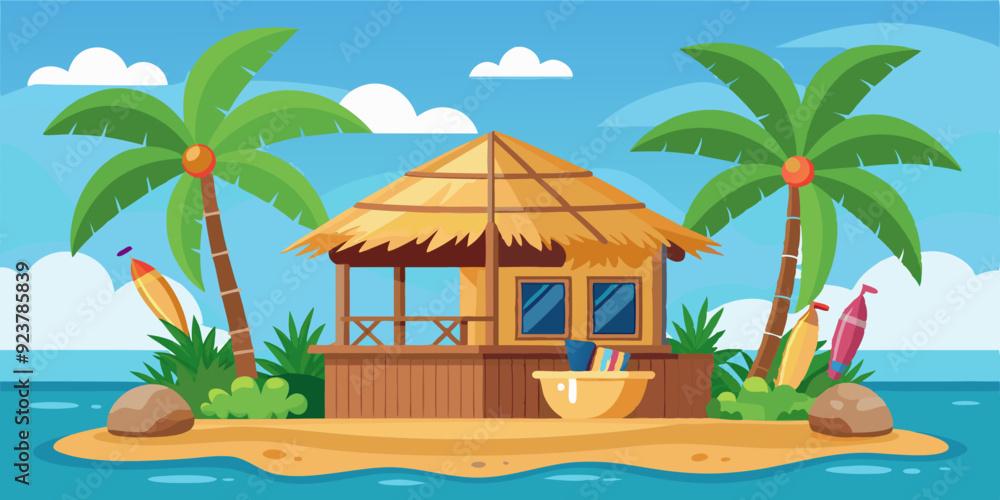 Beach shack house, Hawaiian bamboo hut bar surfboard, vector surfing ...