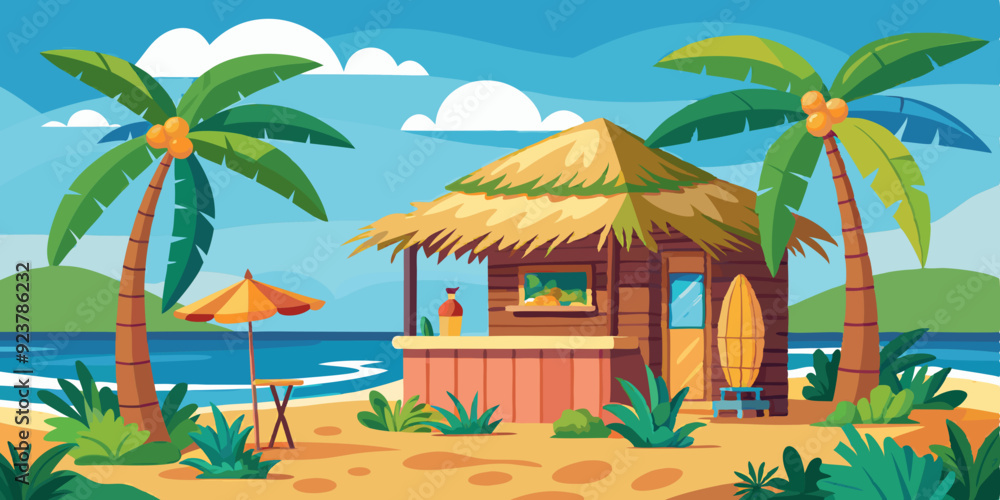Beach shack house, Hawaiian bamboo hut bar surfboard, vector surfing ...