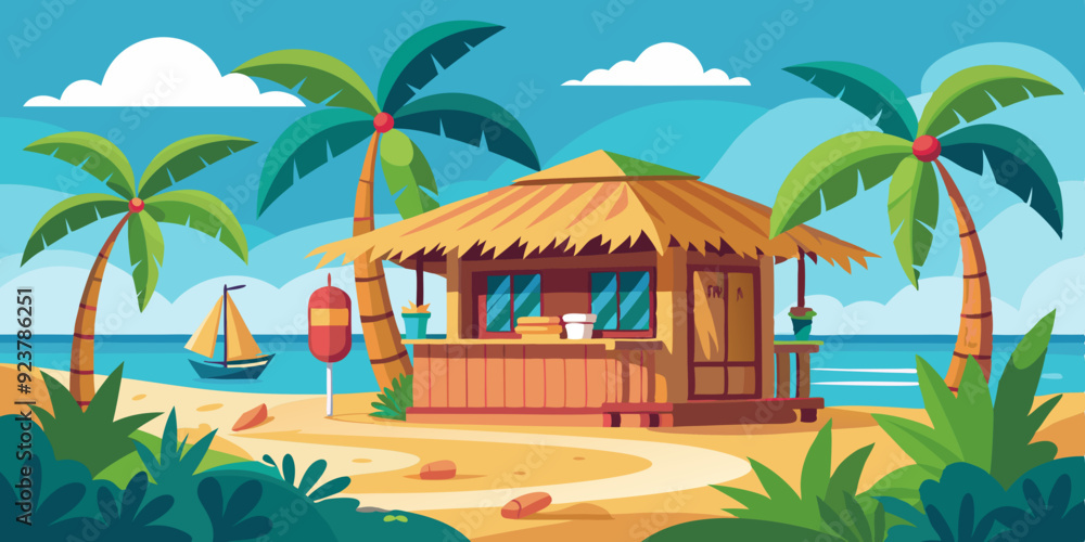 Beach shack house, Hawaiian bamboo hut bar surfboard, vector surfing ...