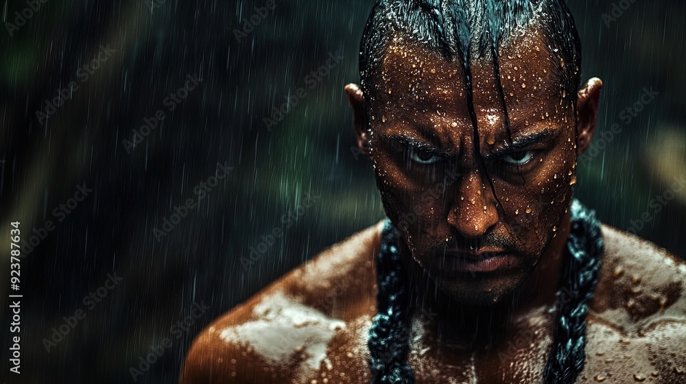 Epic Warrior in Rain-Soaked Battlefield: A Powerful Poster for Sports ...