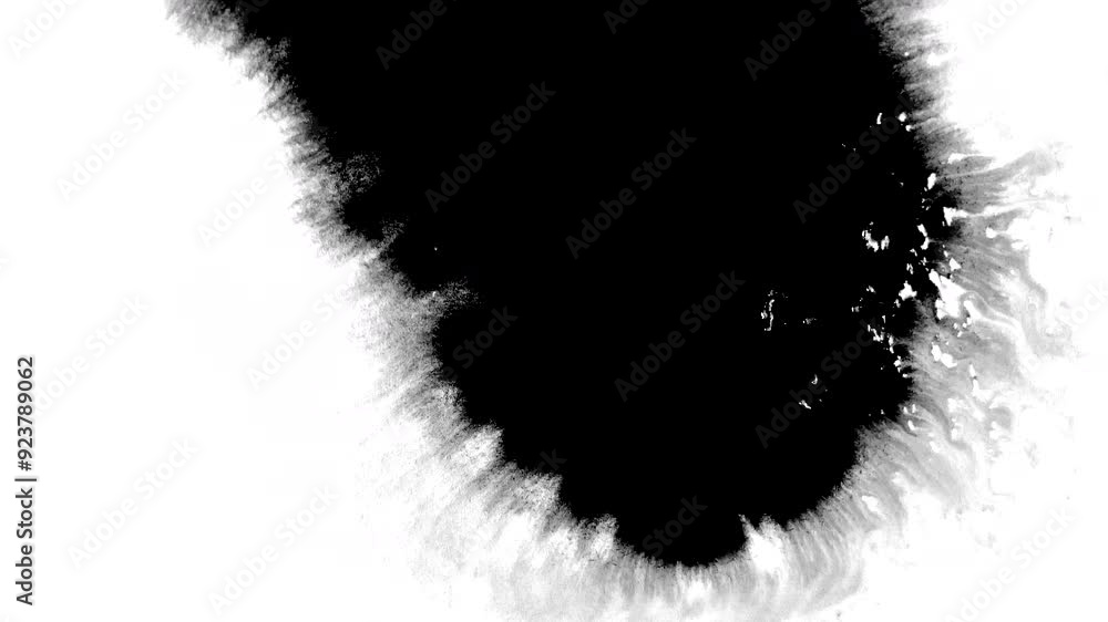 Black ink top down artistic flow splatter spots spills white paper ...