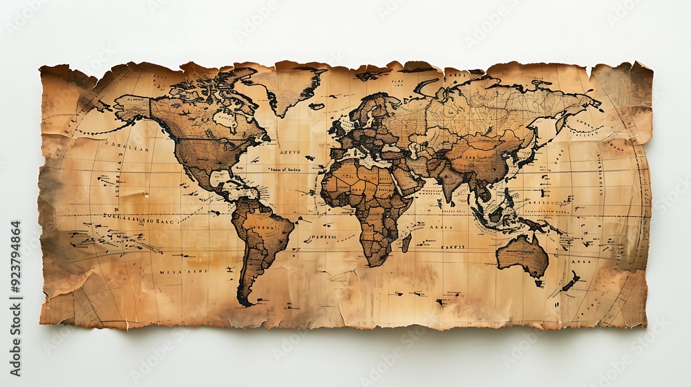 an old map of the world torn and worn on white background Stock Photo ...