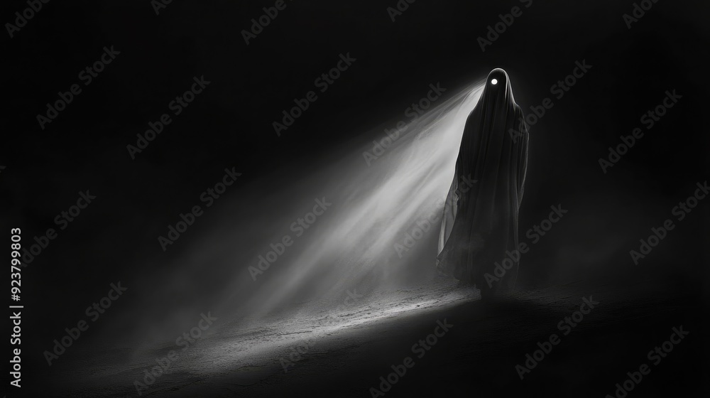 Faint outline of an invisible ghost drifting through complete darkness ...