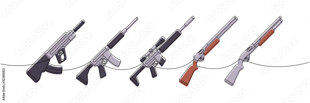 Modern weapons one line colored continuous drawing. Tactical assault ...