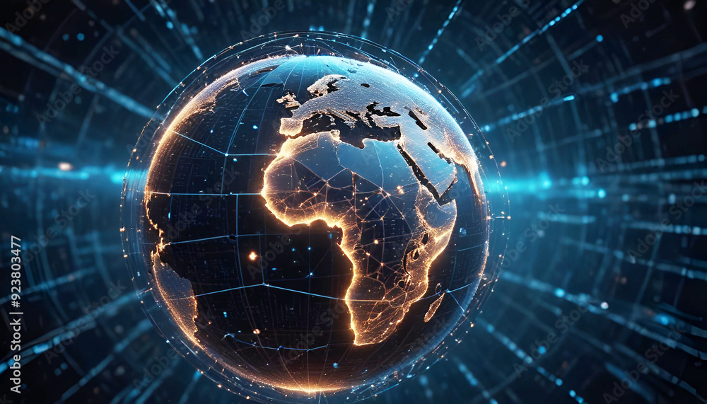 A Virtual Globe Made Of Interconnected Data Points And Cybersecurity Shields Rotating In Space