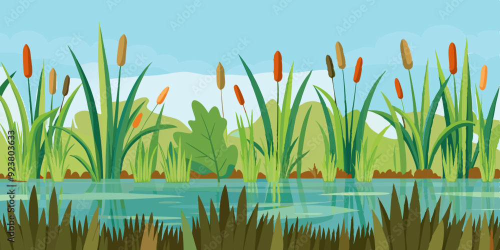 Swamp grass seamless border, vector reed plant, marsh bush, pond ...