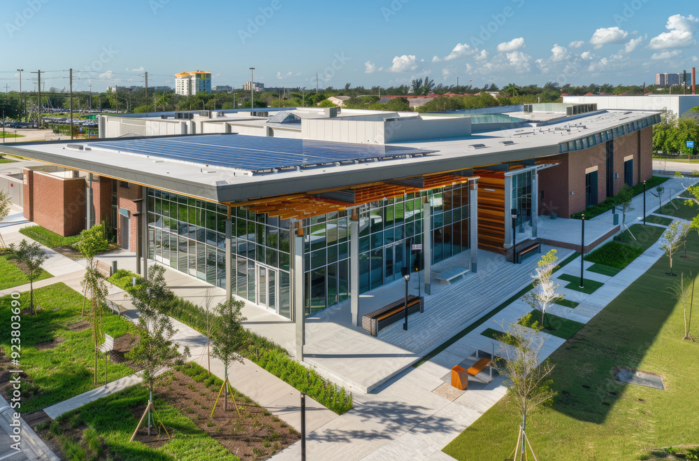 the exterior, bird's eye view of an energy-efficient school building in ...