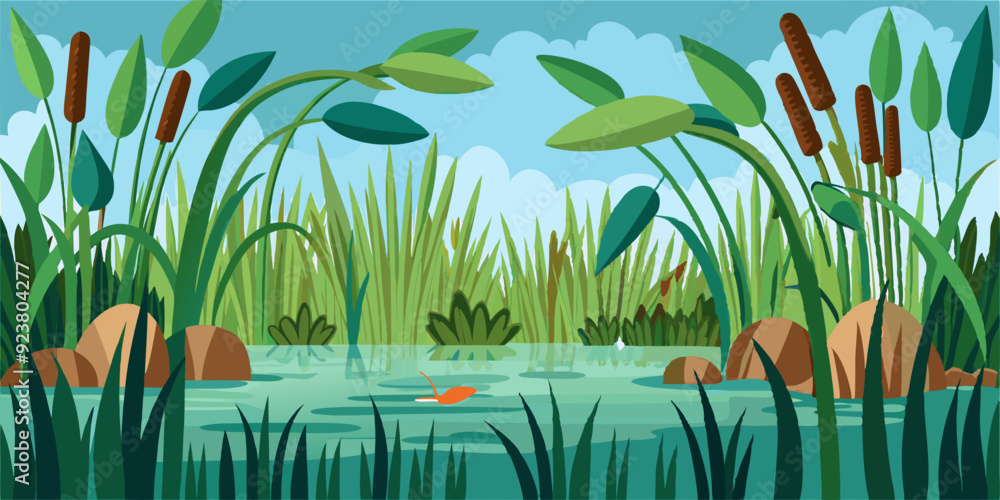 Swamp grass seamless border, vector reed plant, marsh bush, pond ...