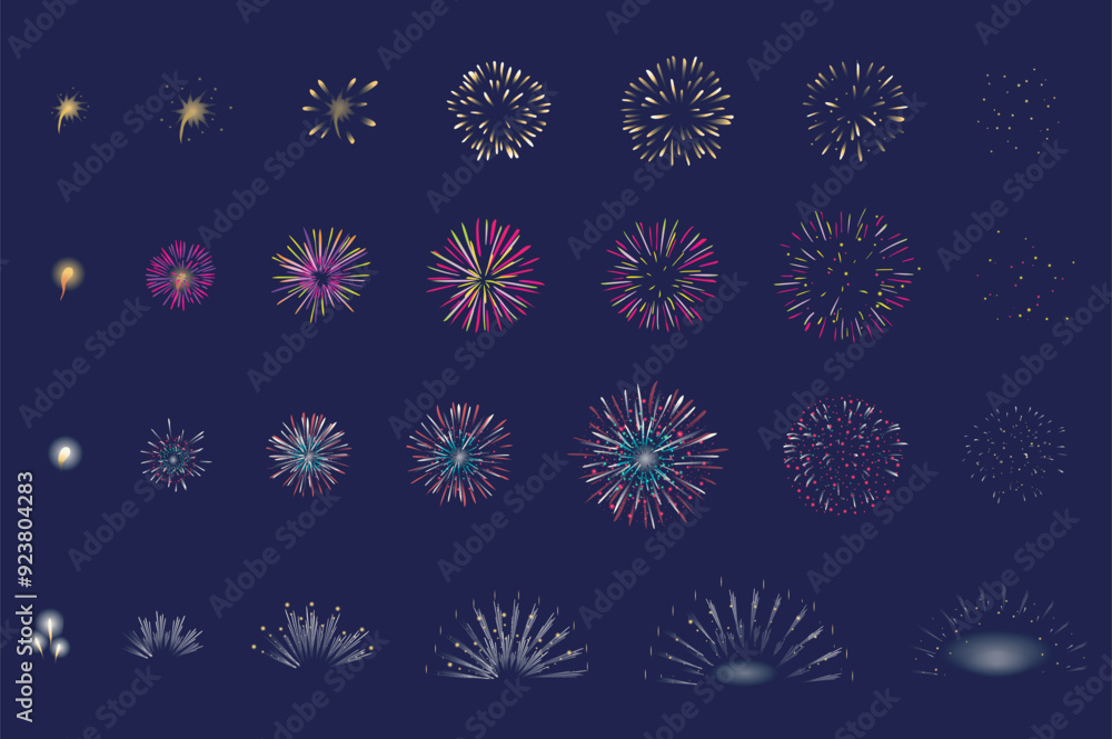 Firework animation mega set elements in flat graphic design. Bundle ...