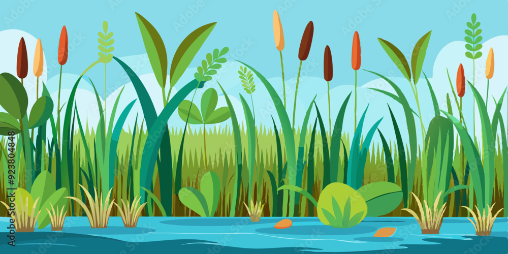 Swamp grass seamless border, vector reed plant, marsh bush, pond ...