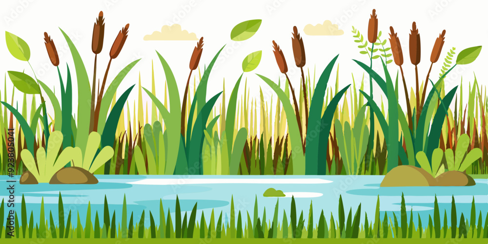 Swamp grass seamless border, vector reed plant, marsh bush, pond ...