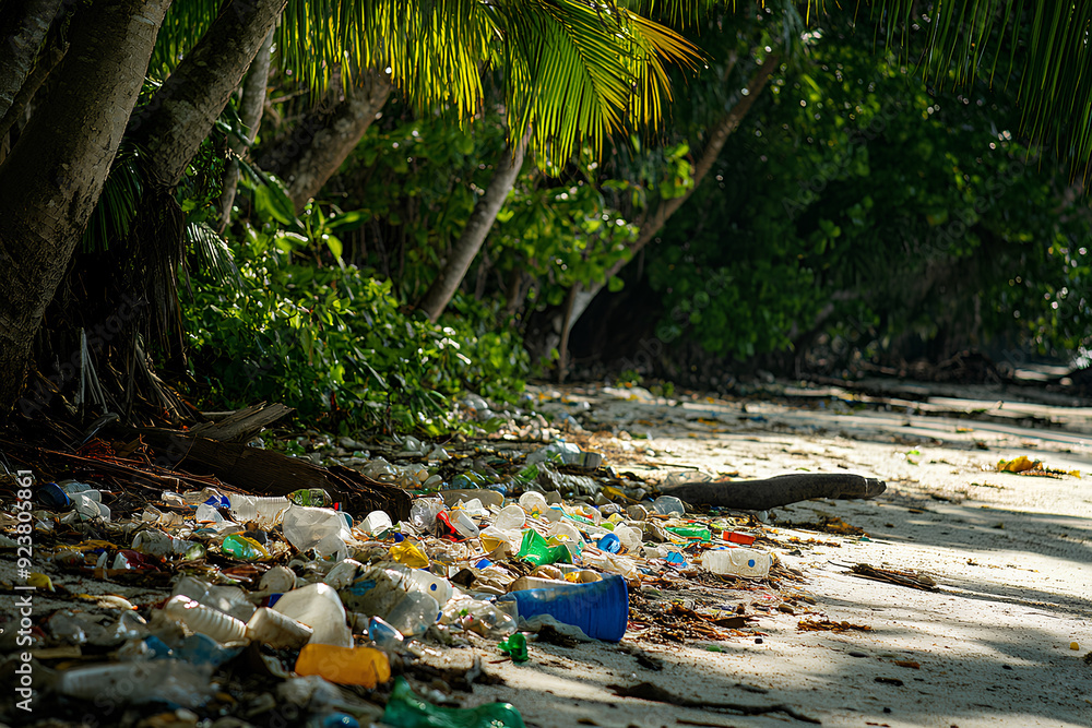 Tropical beach with vast quantity of plastic litter, close-up ...