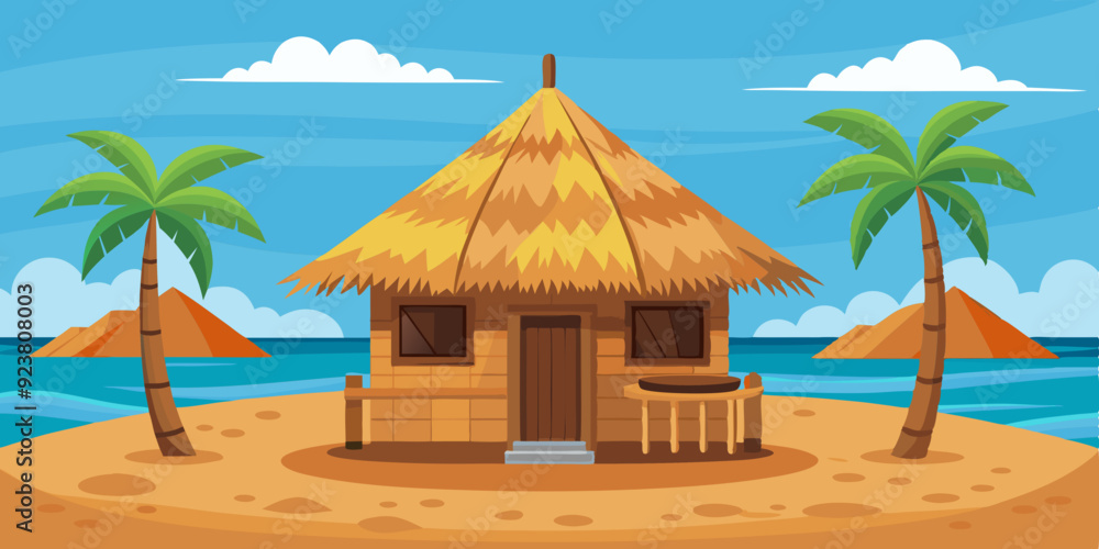 Bungalow hut, vector African thatched nipa house, straw village ...