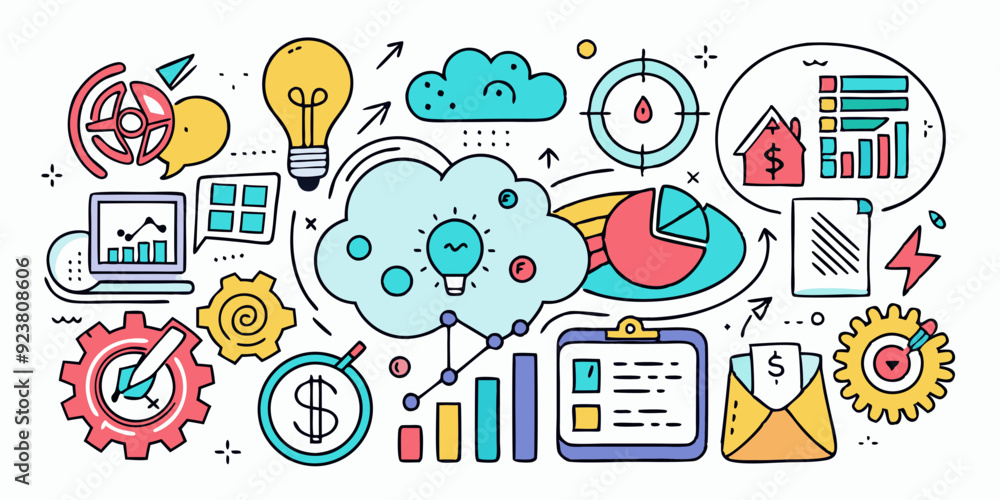 Business doodle set, vector finance teamwork strategy graphic sketch ...