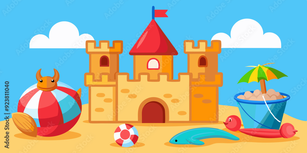 3D sand castle set, beach summer vacation vector clipart kit, kid ...