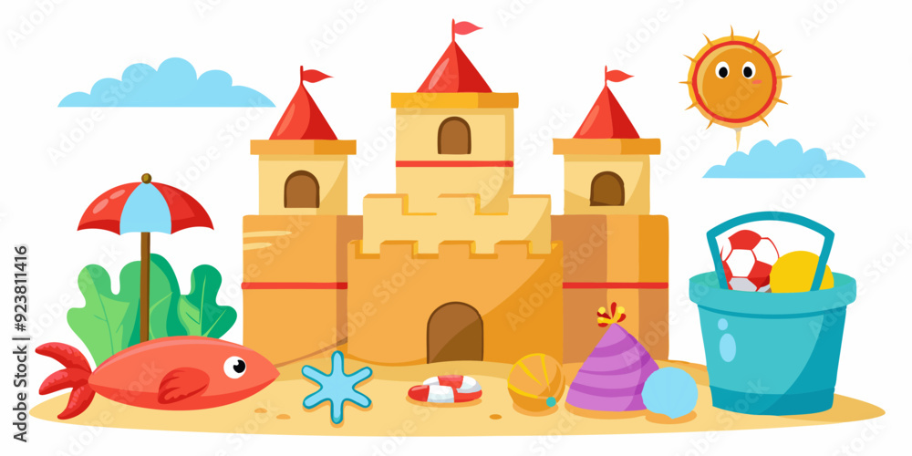 3D sand castle set, beach summer vacation vector clipart kit, kid ...