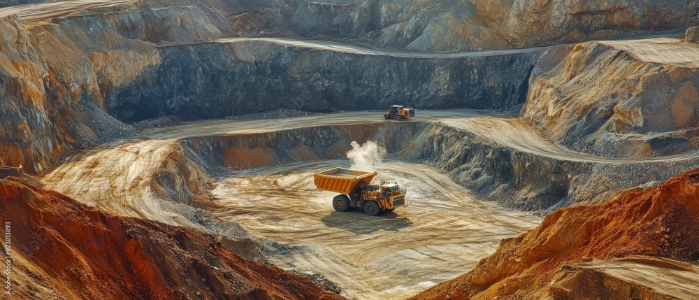 Open-pit gold mine with drilling rigs and mining trucks working in ...