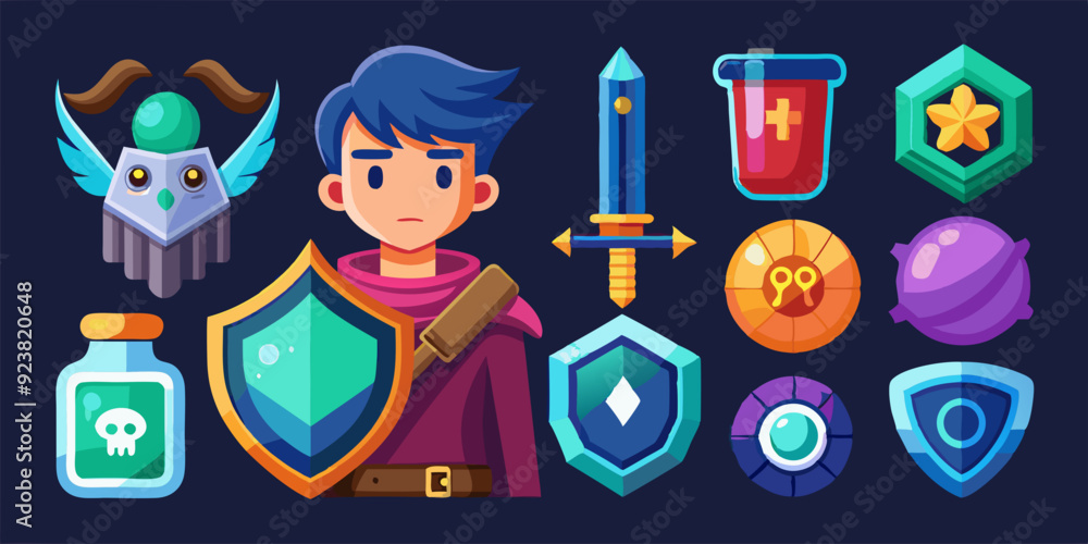 RPG game icon set, pictogram UI kit, fantasy mobile app collection ...