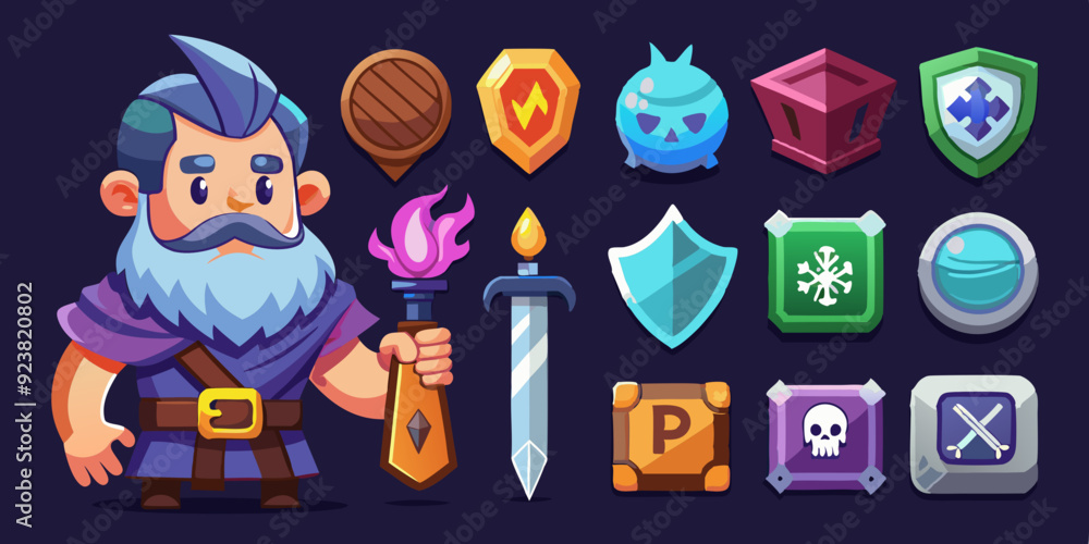 RPG game icon set, pictogram UI kit, fantasy mobile app collection ...