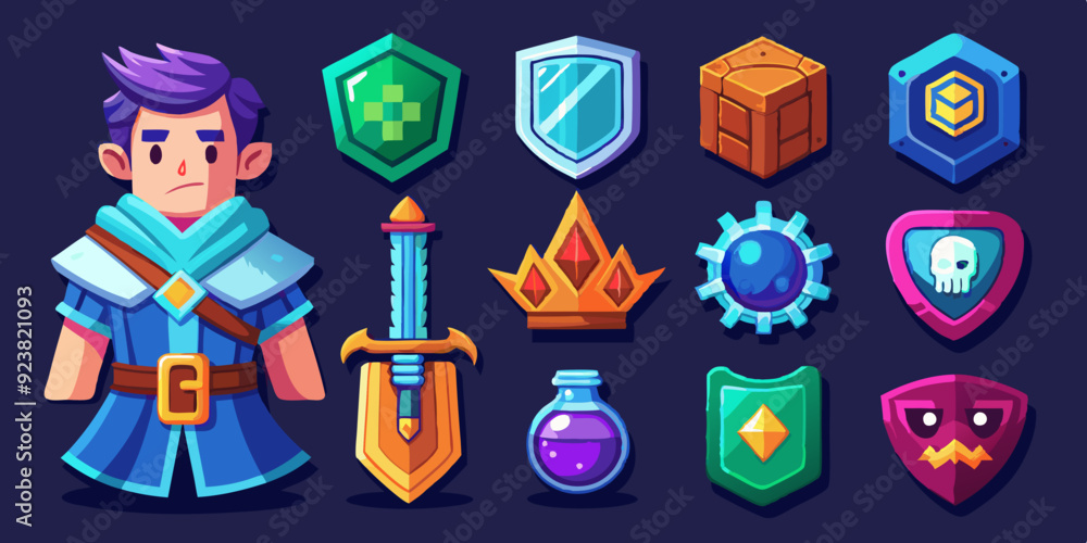 RPG game icon set, pictogram UI kit, fantasy mobile app collection ...