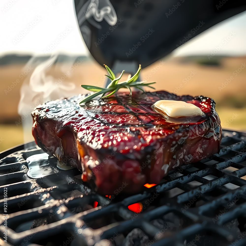 a thick-cut, medium-rare T-bone steak sizzling on a grill, bathed in ...
