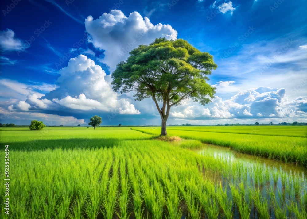 Serene landscape featuring a single ripened rice plant isolated amidst ...
