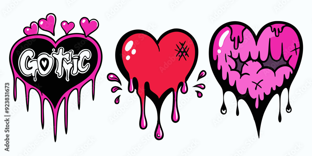 Heart tattoo emo sticker set, vector gothic graffiti love icon kit ...