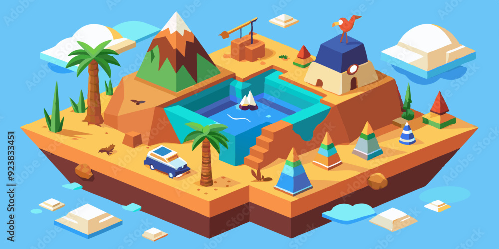 Game island, iceberg, volcano, desert Egypt pyramid, vector isometric ...