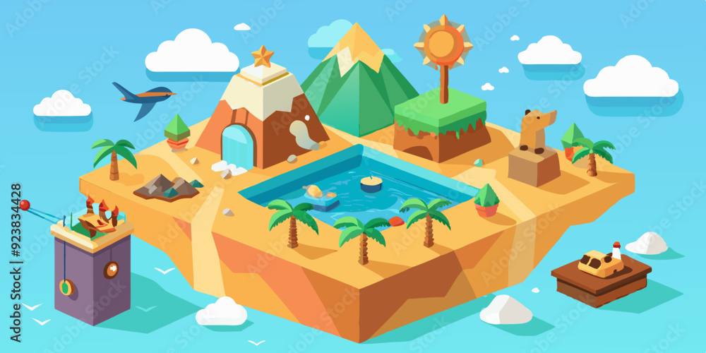 Game island, iceberg, volcano, desert Egypt pyramid, vector isometric ...
