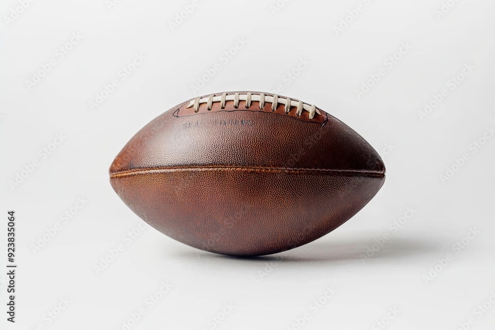 A brown American football is positioned upright against a white ...