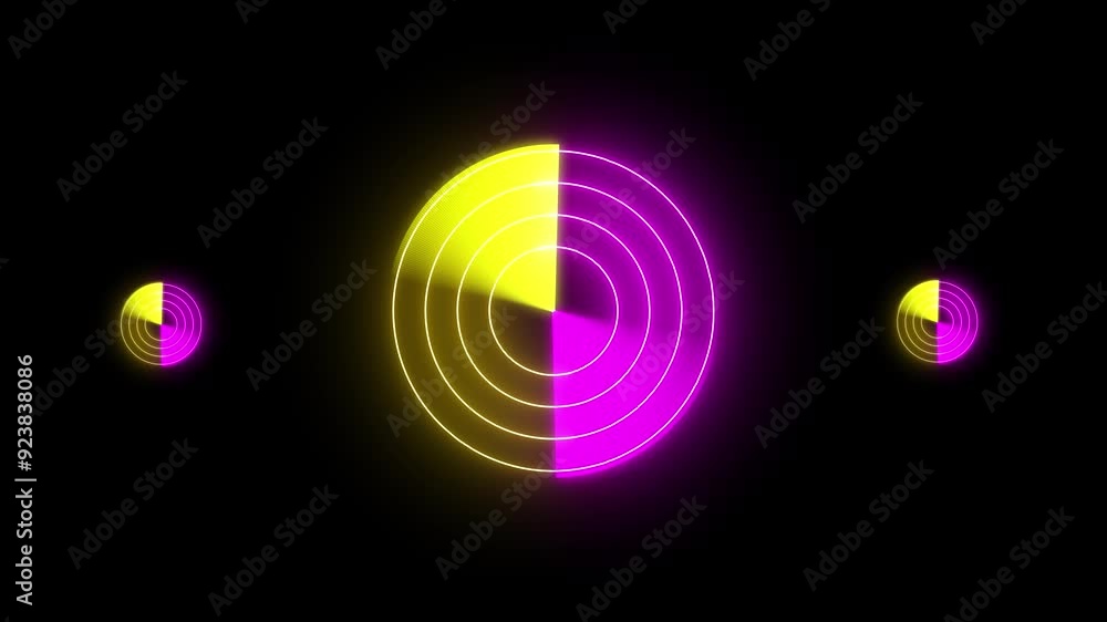 Glowing yellow and purple radar icon neon animation on black background ...