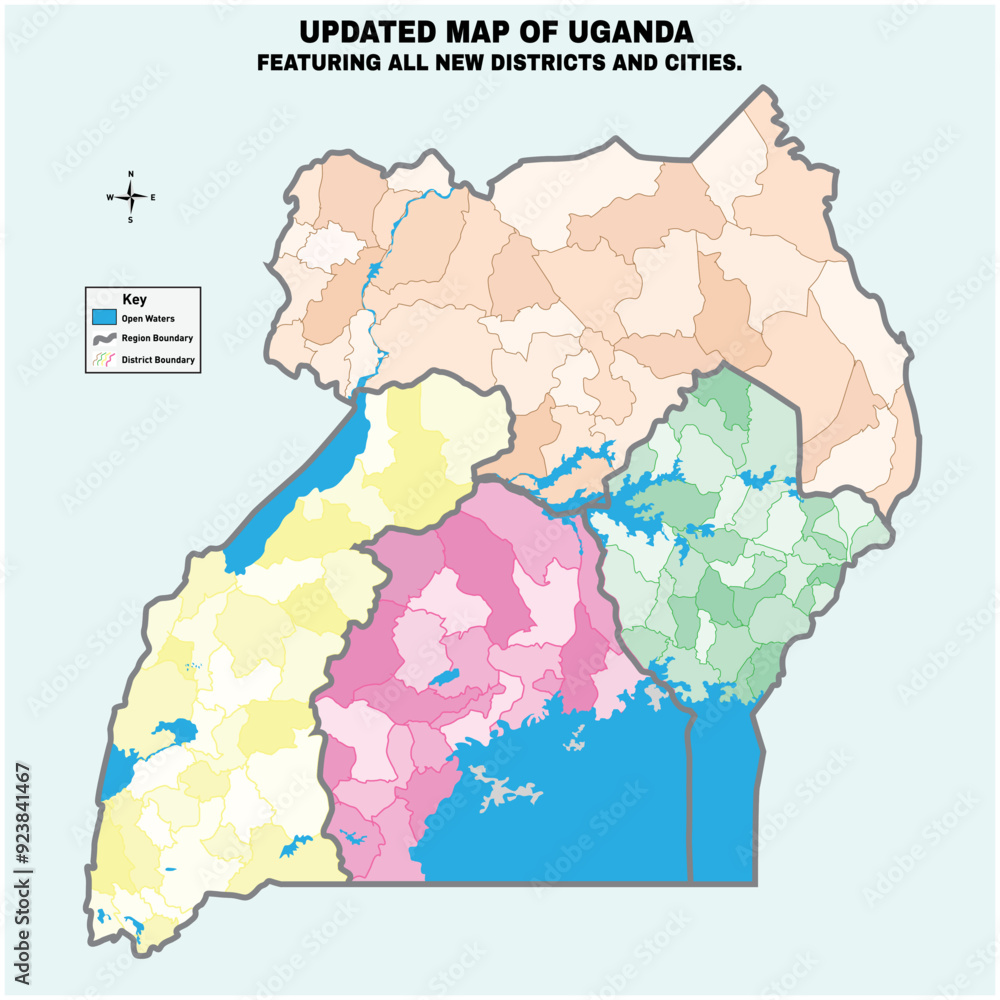 A vector updated map of Uganda, colorful and editable, showcasing all ...