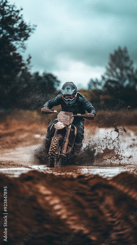 A dirt biker in full gear speeds through a muddy track, splashing water ...