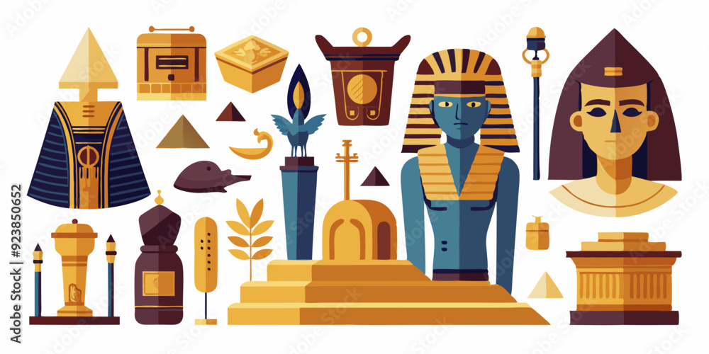 Egypt stone statue set, vector ancient rock ruin, pharaoh clay figurine ...