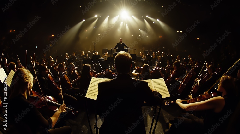 Professional orchestra playing classical music under dramatic stage ...