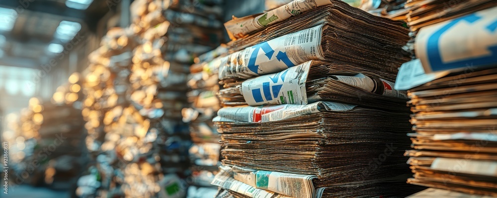 Large stacks of bundled recycled newspapers in a warehouse, symbolizing ...
