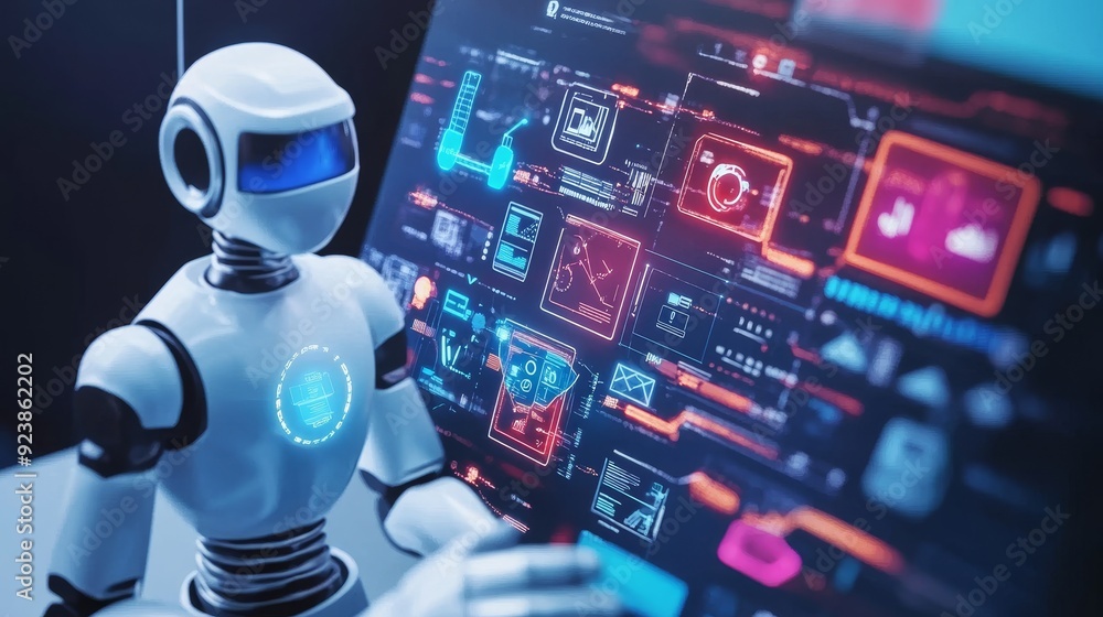 AI Robot Analyzing Data on a Futuristic Screen - A futuristic robot ...