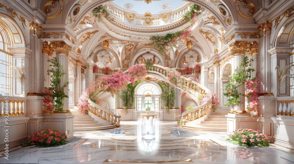 Marble white stairs with flower garlands, fantasy palace or heaven ...