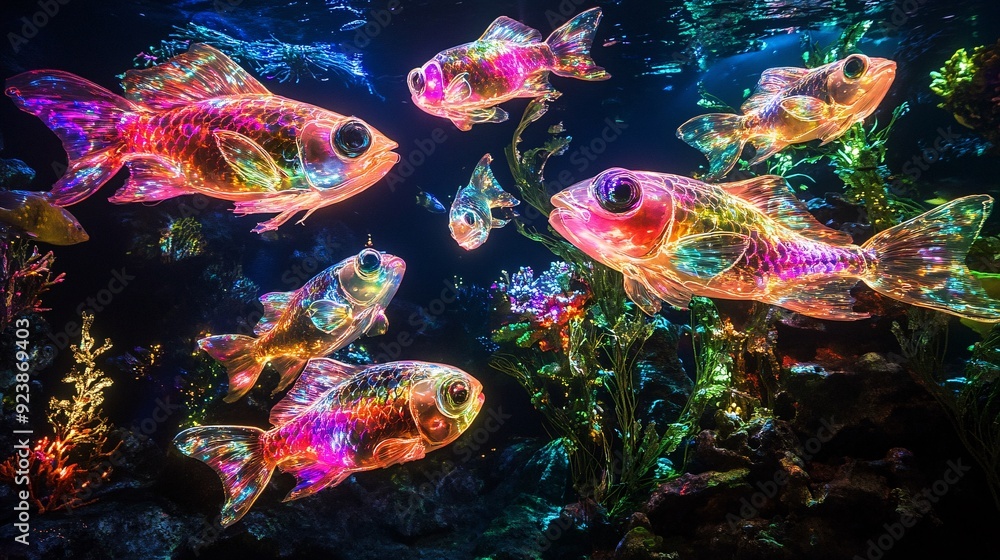 A school of iridescent fish, their scales shimmering with digital ...
