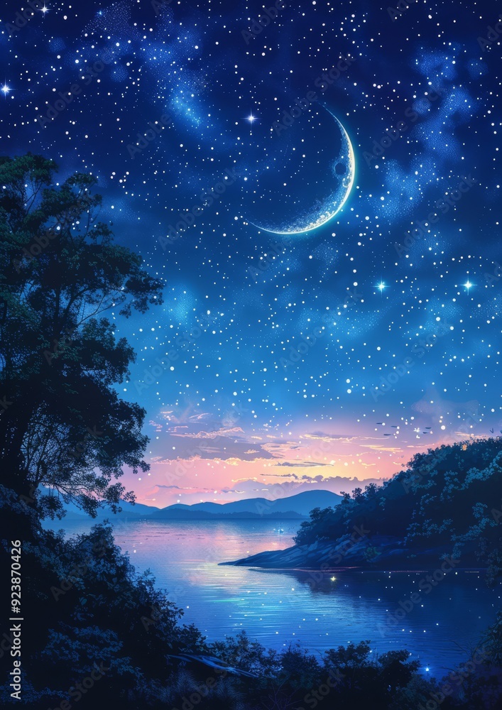 Crescent moon over a serene landscape. Crescent moon in a starry night ...