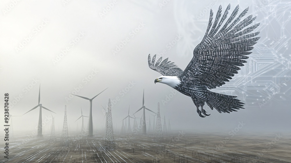 A majestic eagle soars above a futuristic wind farm, its wingspan ...