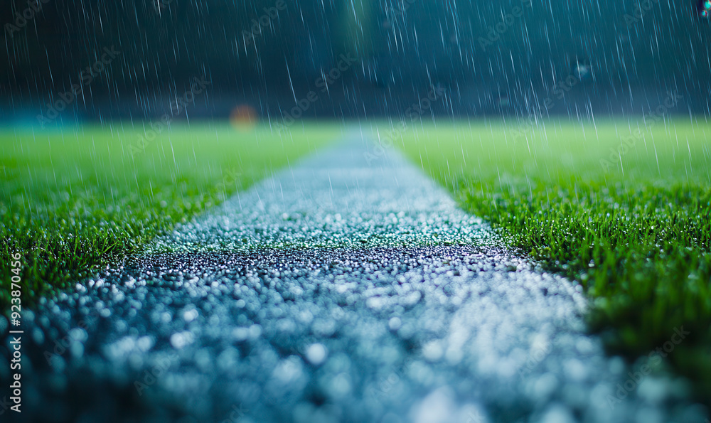 The football stadium with rainning and lights were shining on the green ...